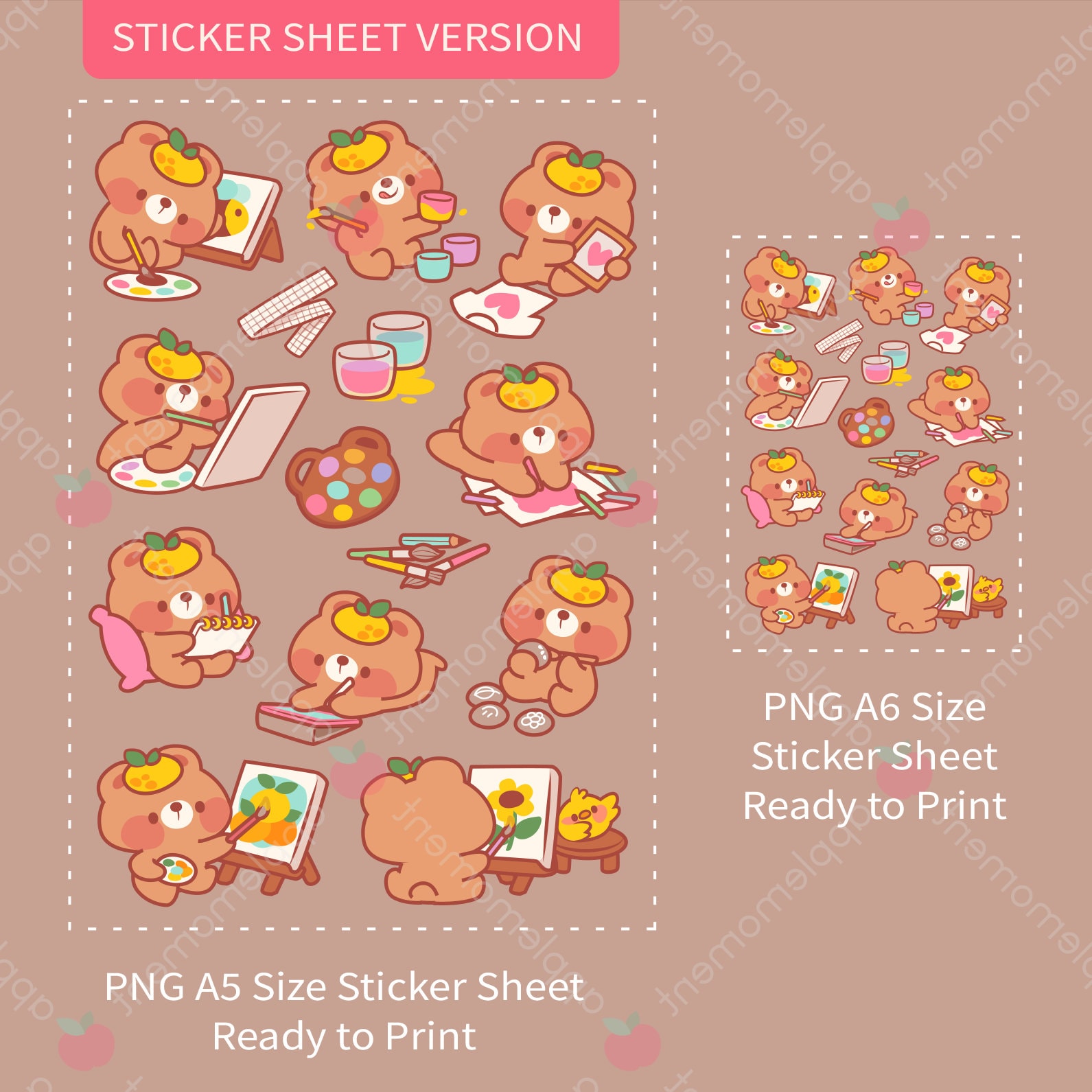 Cute Kawaii Printable Digital Stickers Clipart Illustration Artist Bear ...