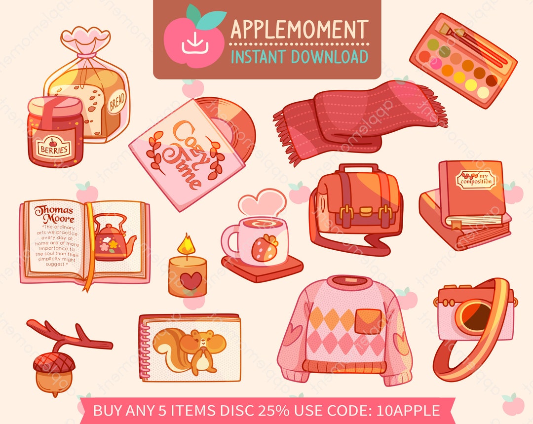 Cute Kawaii Printable Digital Stickers Clipart Animal Cozy Life Hygge ...