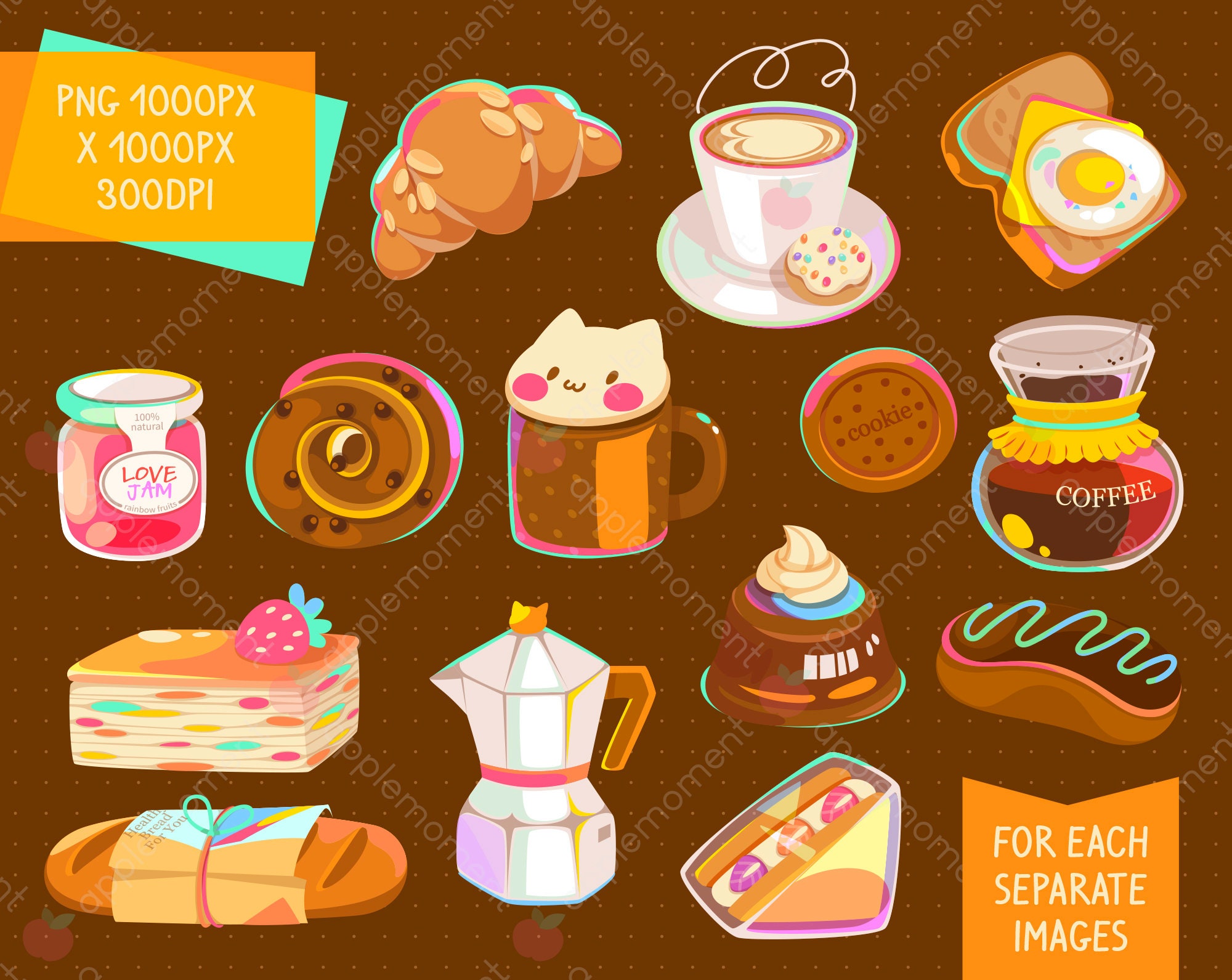 Cute Kawaii Digital Clipart Rainbow Colorful Cafe, Food and Dessert ...