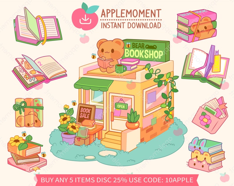 Cute Kawaii Printable Digital Stickers Clipart Brown Bear Book Shop ...