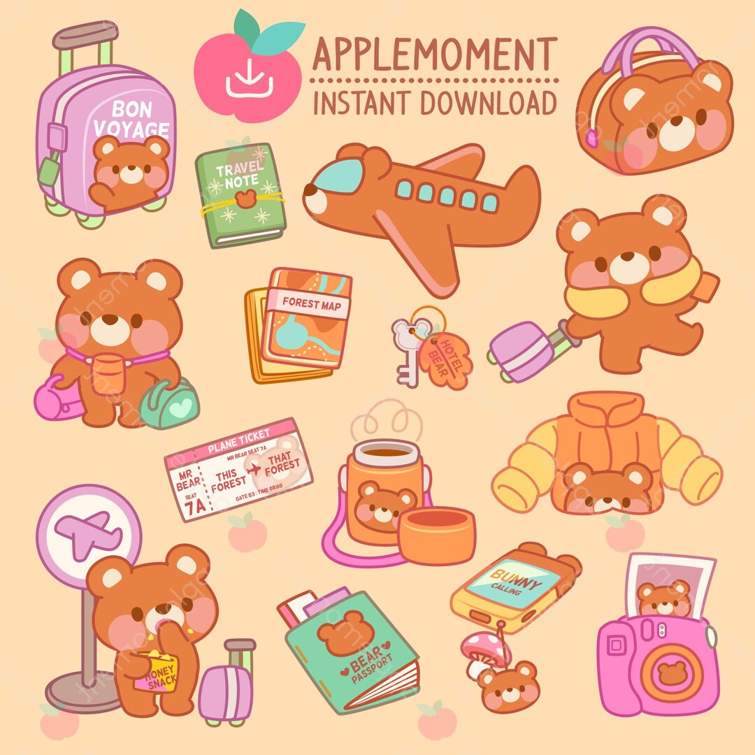 Cute Kawaii Printable Digital Stickers Clipart Animals Travel Adventure ...