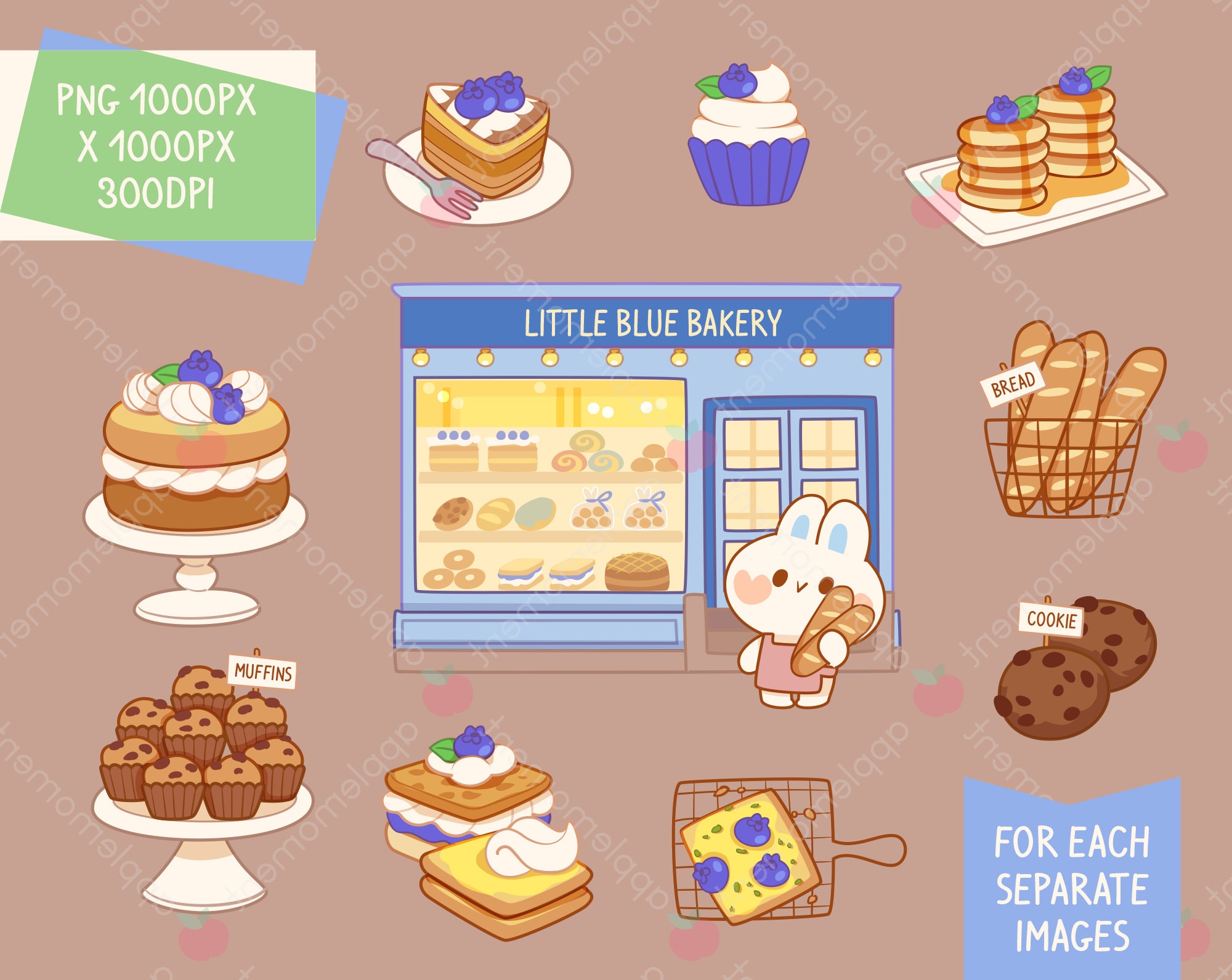 Cute Kawaii Printable Digital Stickers Clipart Little Blue Bakery Bunny ...