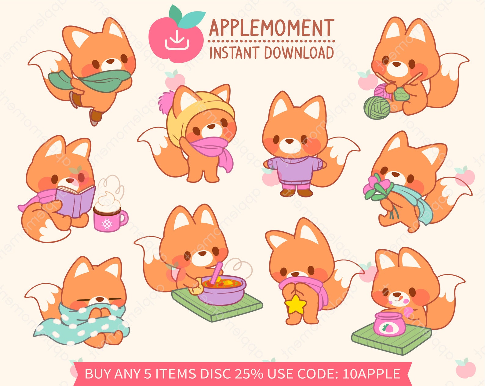 Cute Kawaii Printable Digital Stickers Clipart Cozy Winter Fox, PNG ...