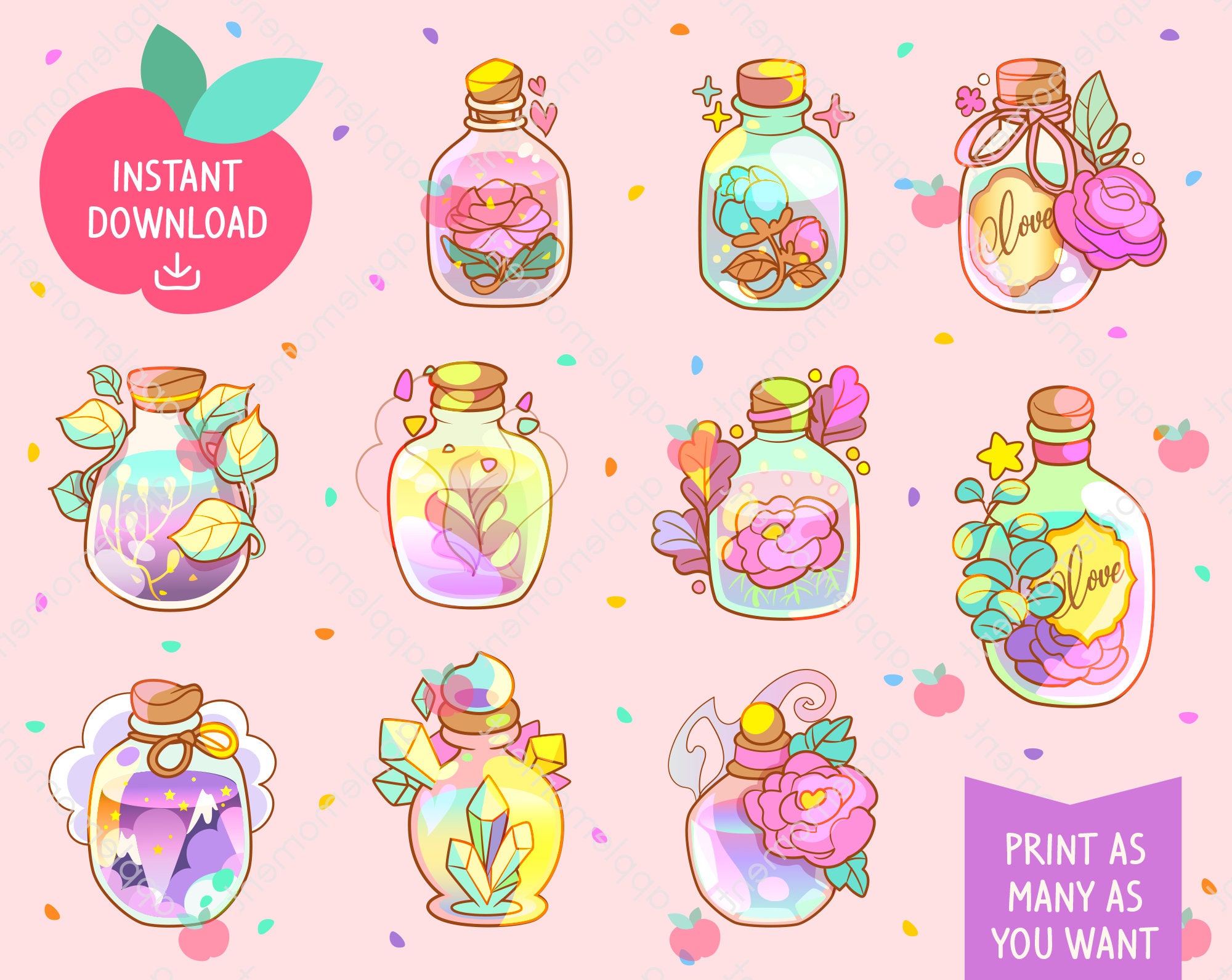 Cute Kawaii Printable Digital Stickers Clipart Rainbow Celestial Flower ...