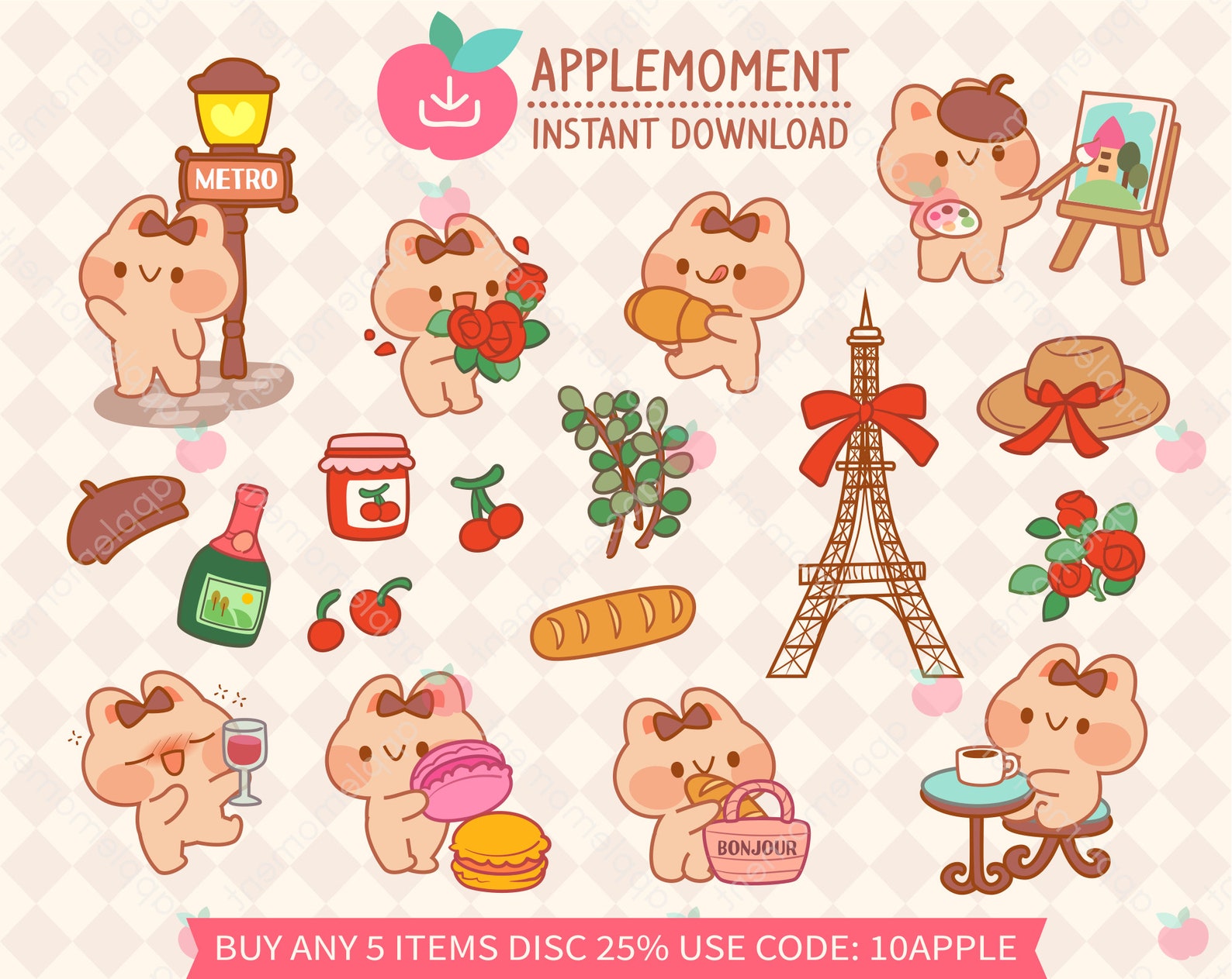 Cute Kawaii Printable Digital Stickers Clipart Bunny Rabbit in Paris ...