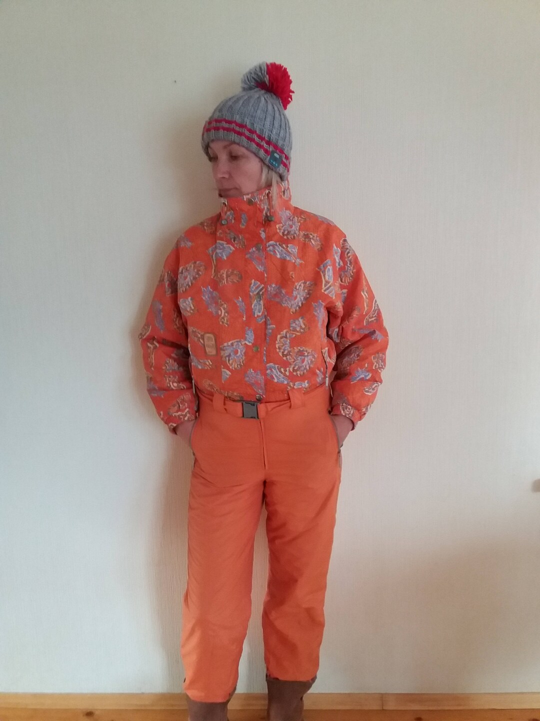 Vintage 80s Orange One Piece Abstract Print Hipster Retro Snow Jumpsuit ...