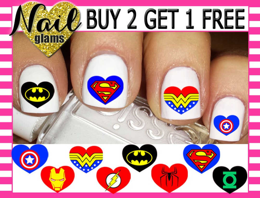 60 Nail Wraps Decals Heart Superhero Nail Art Waterslide - Etsy