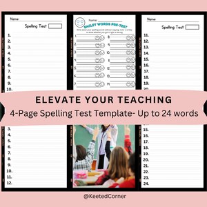 Printable 4-page Spelling Test Template for Elementary Students| Word ...