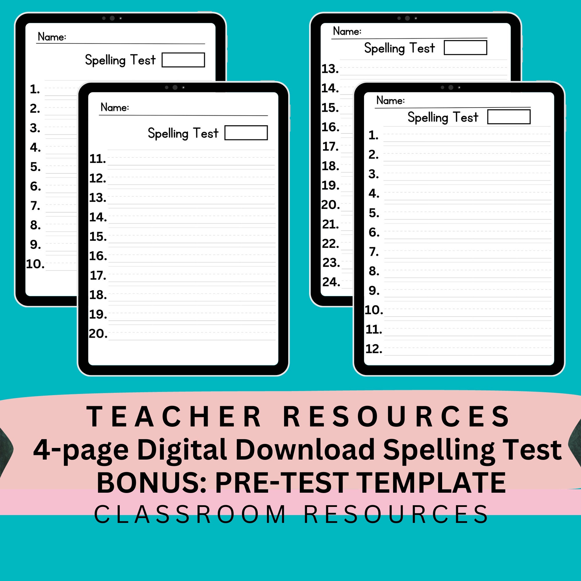 Printable 4-page Spelling Test Template for Elementary Students| Word ...