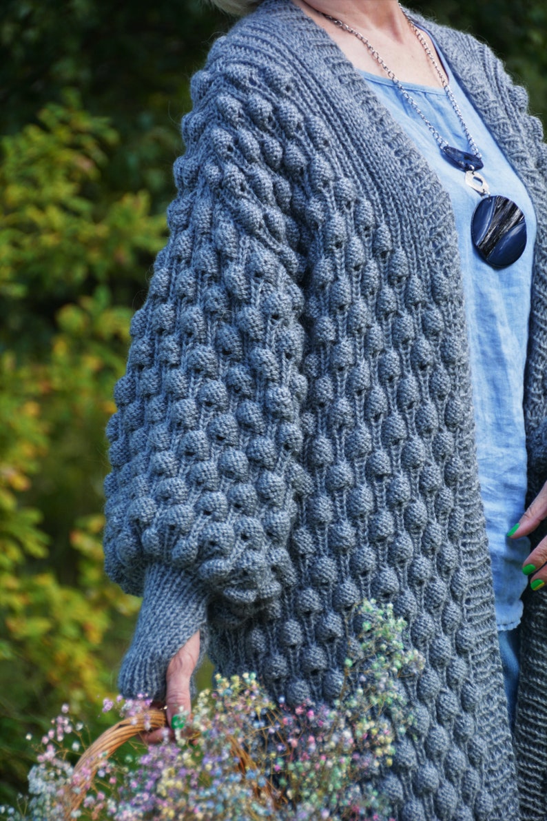 Bubble Sleeve Cardigan, Knitting Pattern, Bubble Grey Coat, Long Coat ...