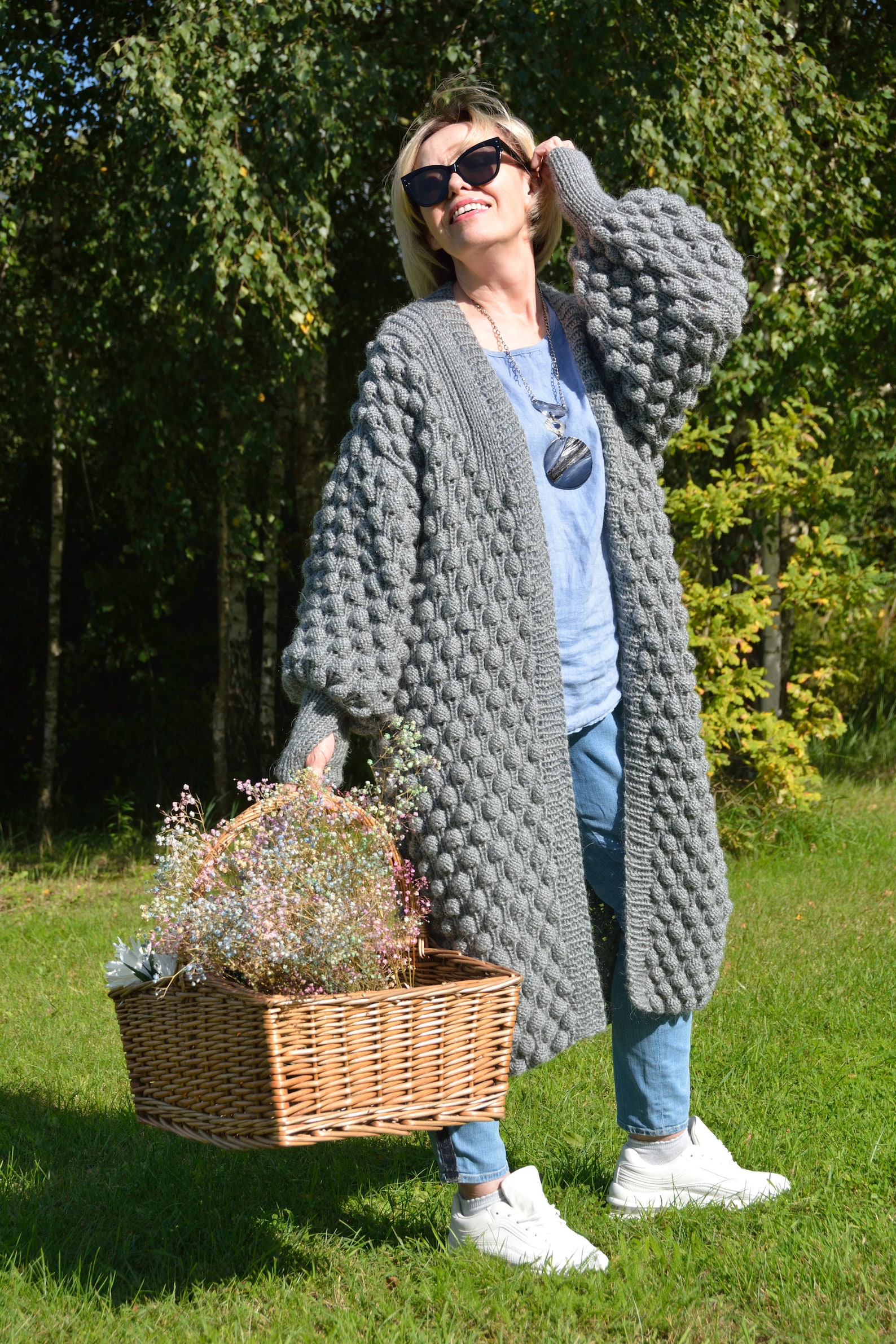 Bubble Sleeve Cardigan, Knitting Pattern, Bubble Grey Coat, Long Coat ...