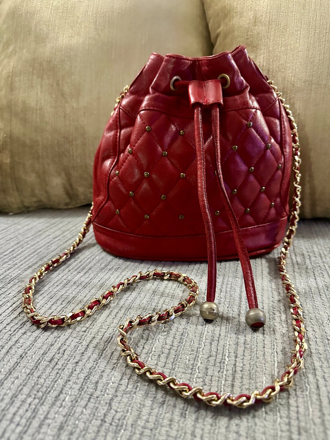 Vintage Red Leather Quilted Bucket Bag With Studs / Shoulder Bag - Etsy