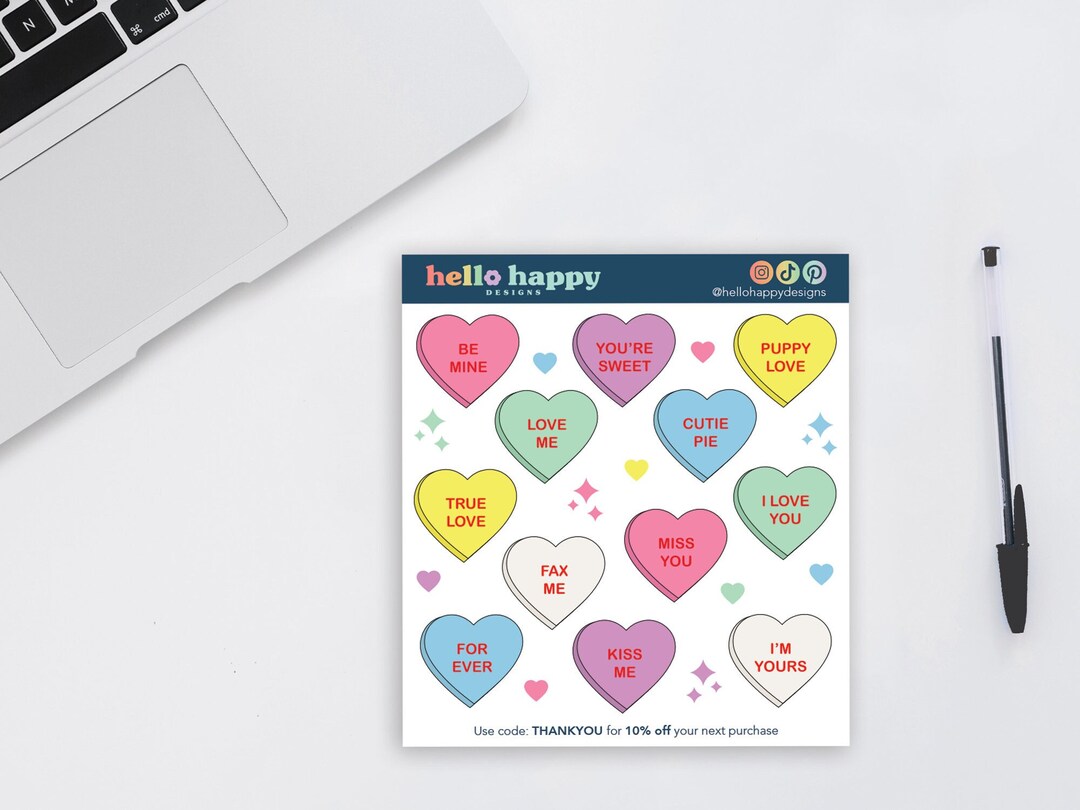 Conversation Hearts Sticker Sheet | Vinyl Cute Valentine's Day Sticker ...