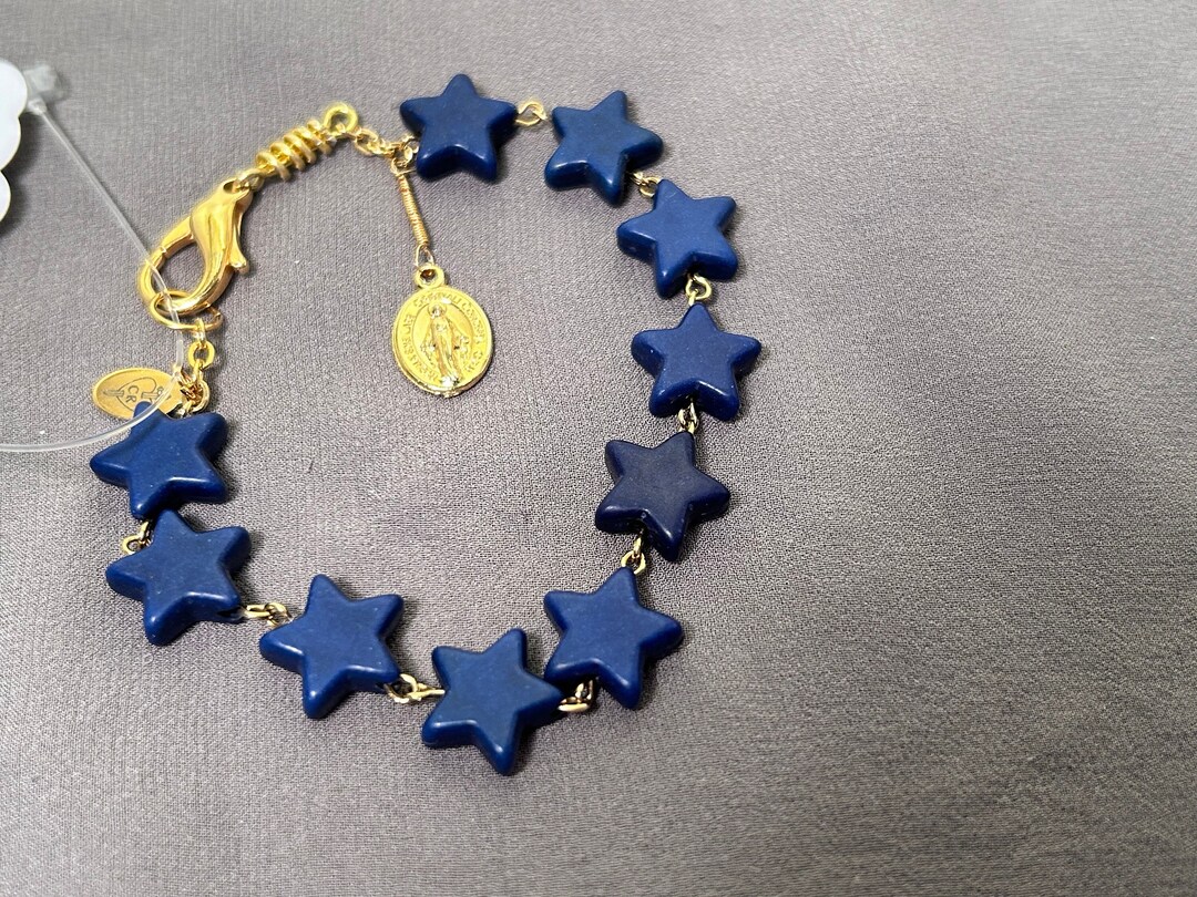 Rosary Bracelet: Blue Star Beads, Miraculous Medal, Lobster Clasp, Gold ...