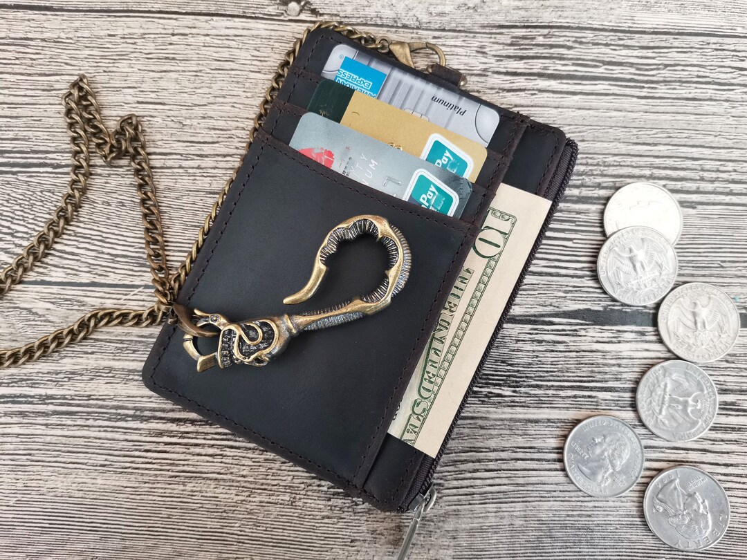 Distressed Wallet With Brass Chain,personalized Card Holder,slim Wallet ...