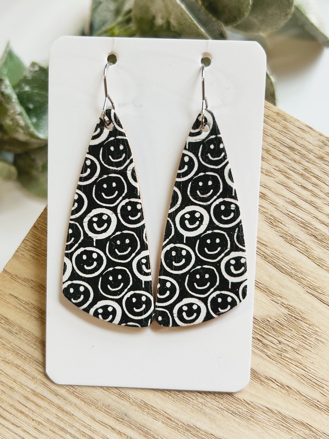 Classic Size, Black and White Smiley Face Print Cork on Leather Wedge ...