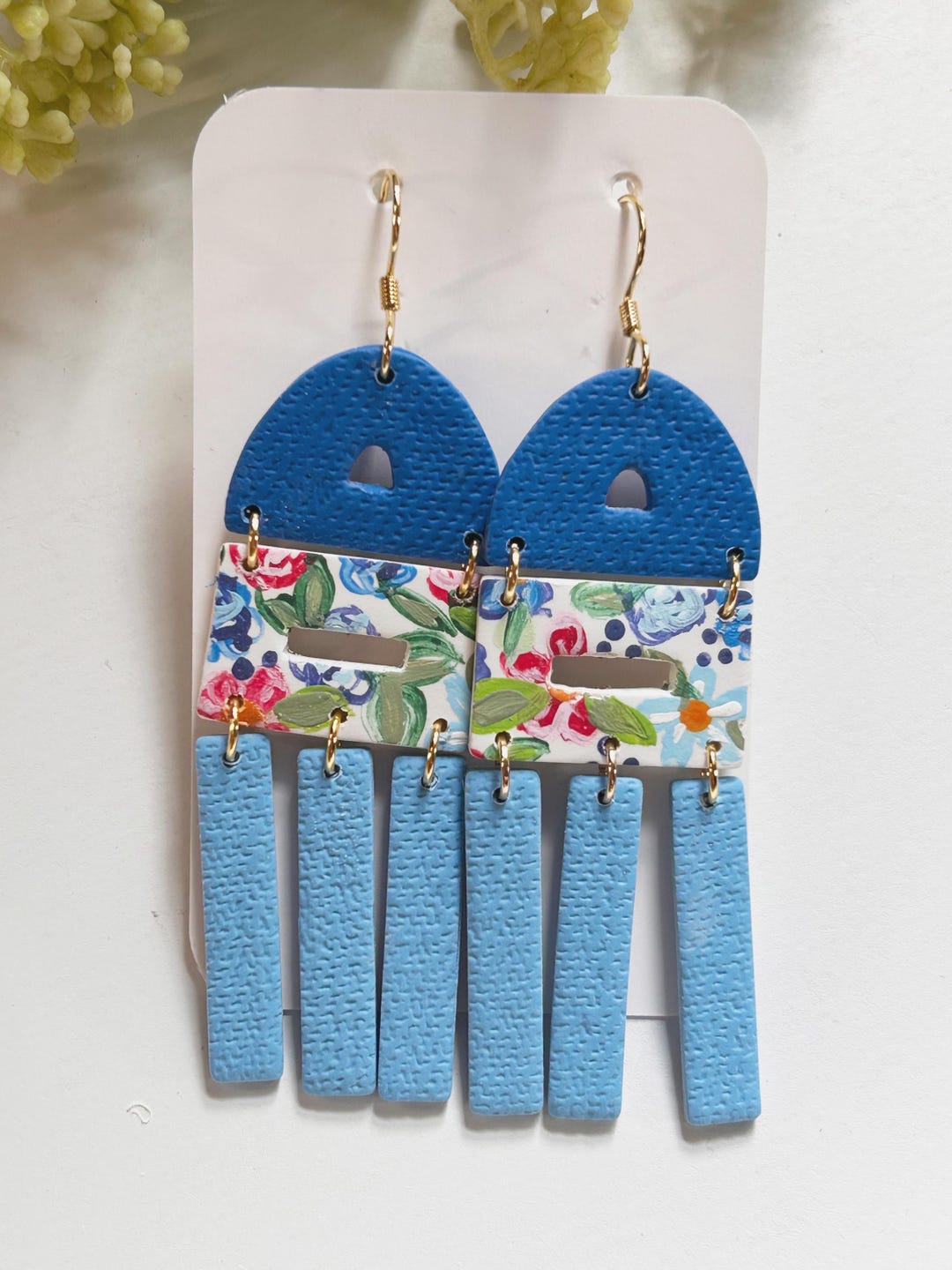 Large Size, Hand Painted Red White and Blue Floral Print Clay Earring ...