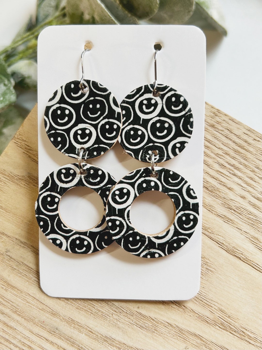 Classic Size, Black and White Smiley Face Linked Leather Disc Earring ...