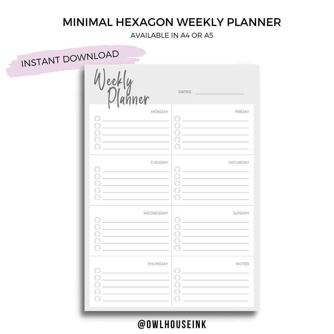 Minimal Digital Weekly Planner, Printable, A4, A5, Hexagon, Fillable ...