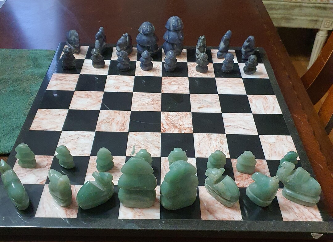 Vintage Hand Carved Stone Chess Pieces- Set of 32 Carved Stone Chess ...
