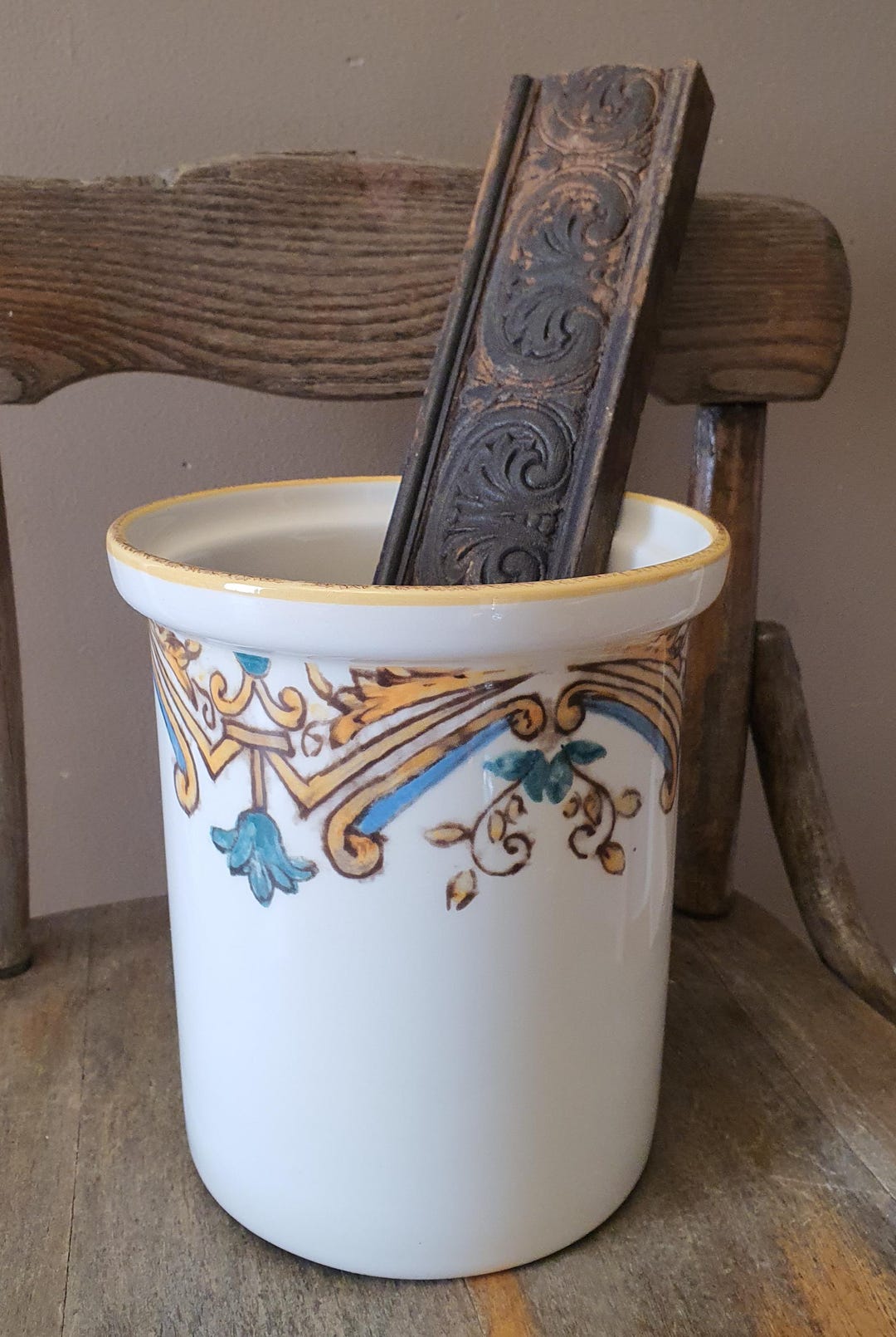 Vintage Italian Crock With Antique Carved Oak Scrollwork Panel - Etsy