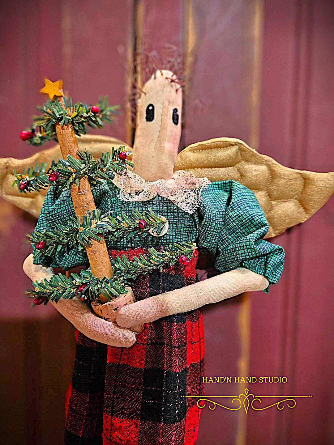 Primitive Angel Doll W/christmas Tree Farmhouse Handcrafted Artist Made ...