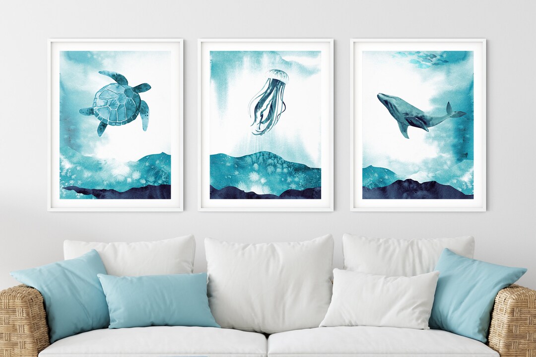 3 Piece Ocean Life Wall Art Print, Set of 3 Ocean Landscape Art, Ocean ...