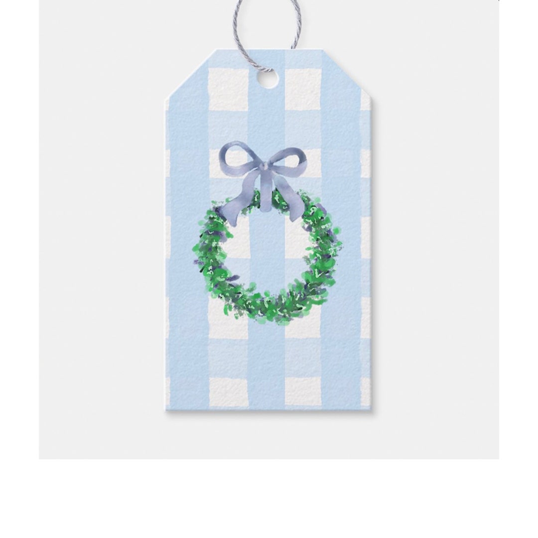 Wreath Tag, Watercolor Wreath, Blue Gingham Gift Tags, Christmas Tags ...
