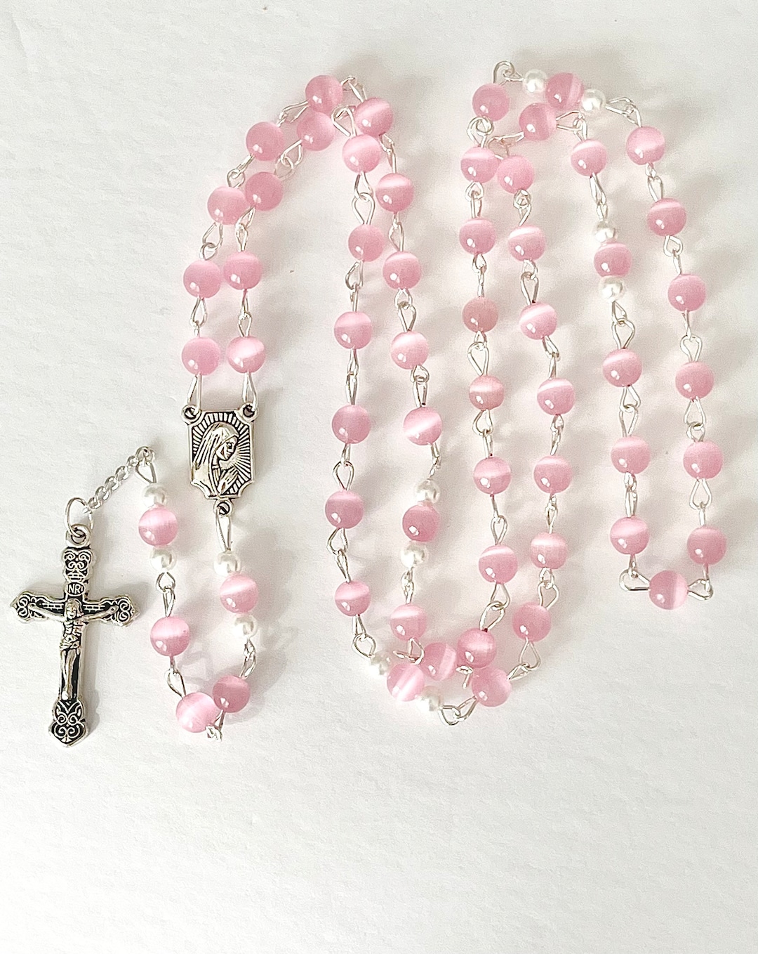 Pink Rosary, Silver Metal Rosary, Pink Prayer Beads, Ladies Rosary ...