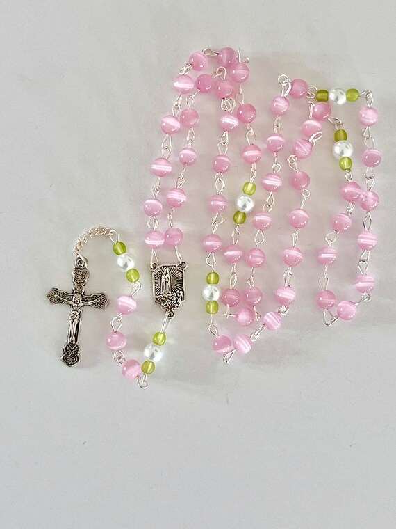 Pink Rosary Silver Metal Rosary Pink Prayer Beads Ladies - Etsy