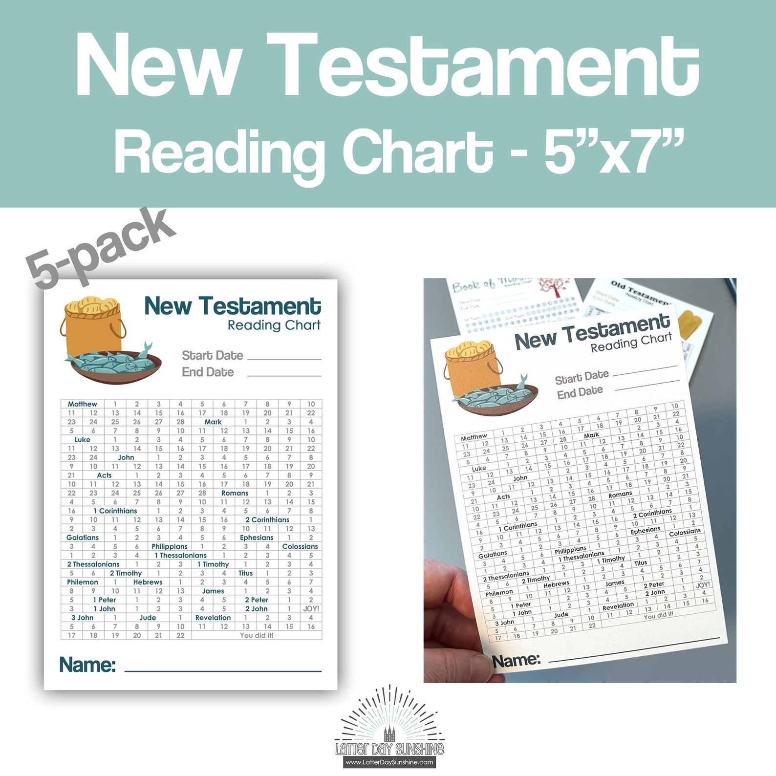 New Testament Reading Chart 5x7 5-PACK 5 LDS Gospel Study Reading Chart ...