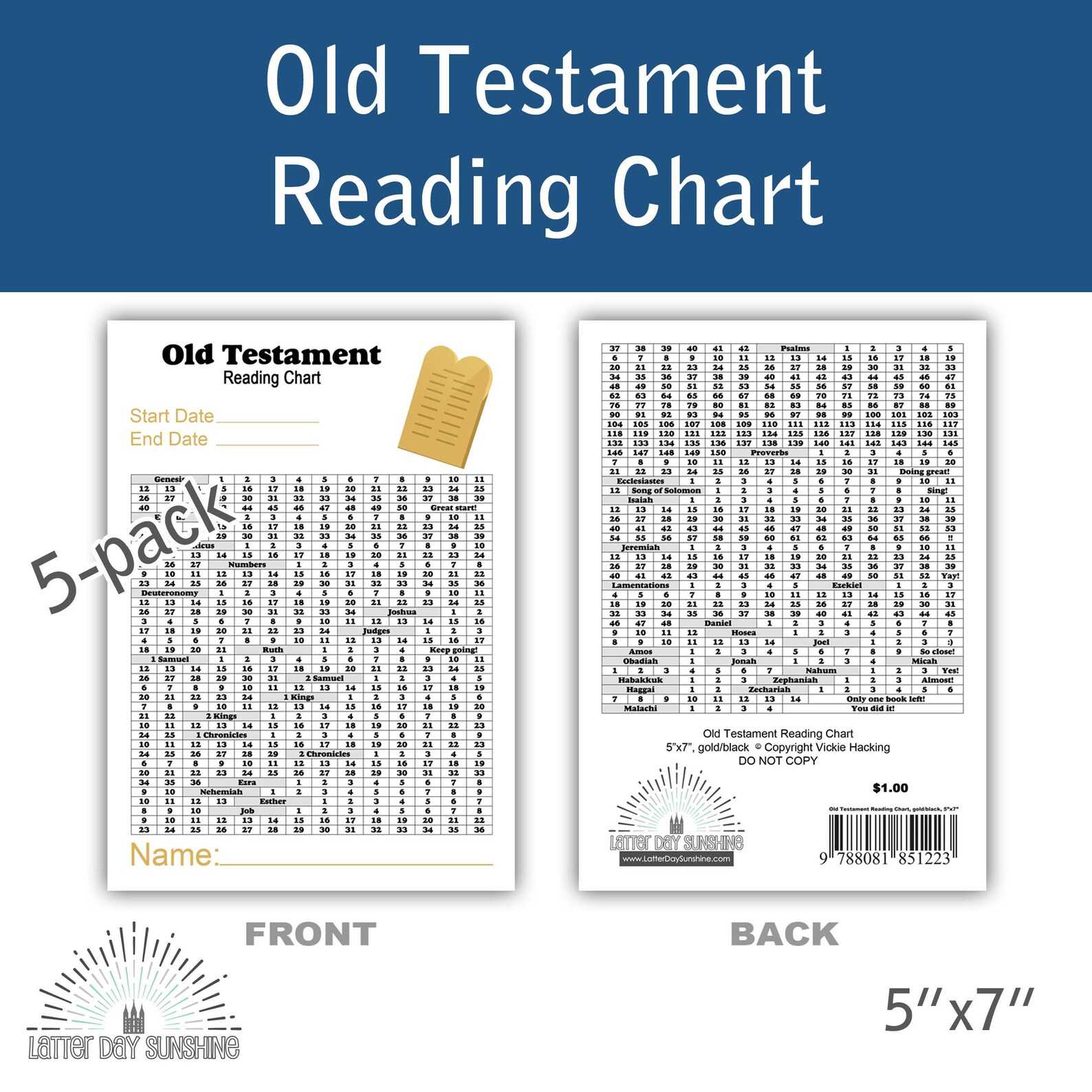 Old Testament Reading Chart - 5x7 - 5-PACK (5) LDS Gospel Study Reading ...