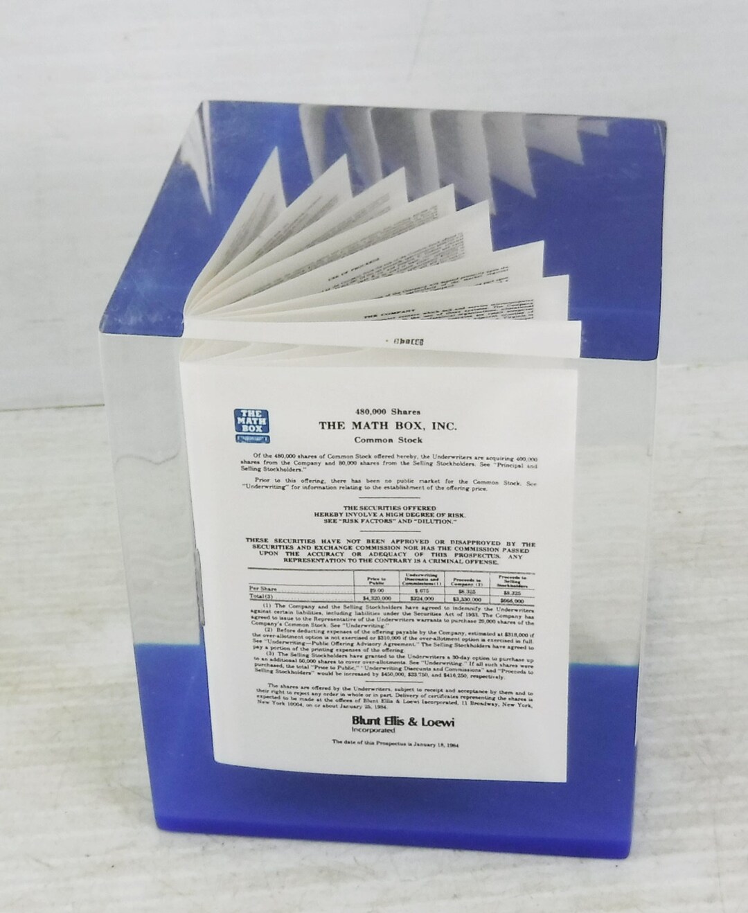 Vintage 1984 the Math Box Initial Public Stock Offering Lucite ...