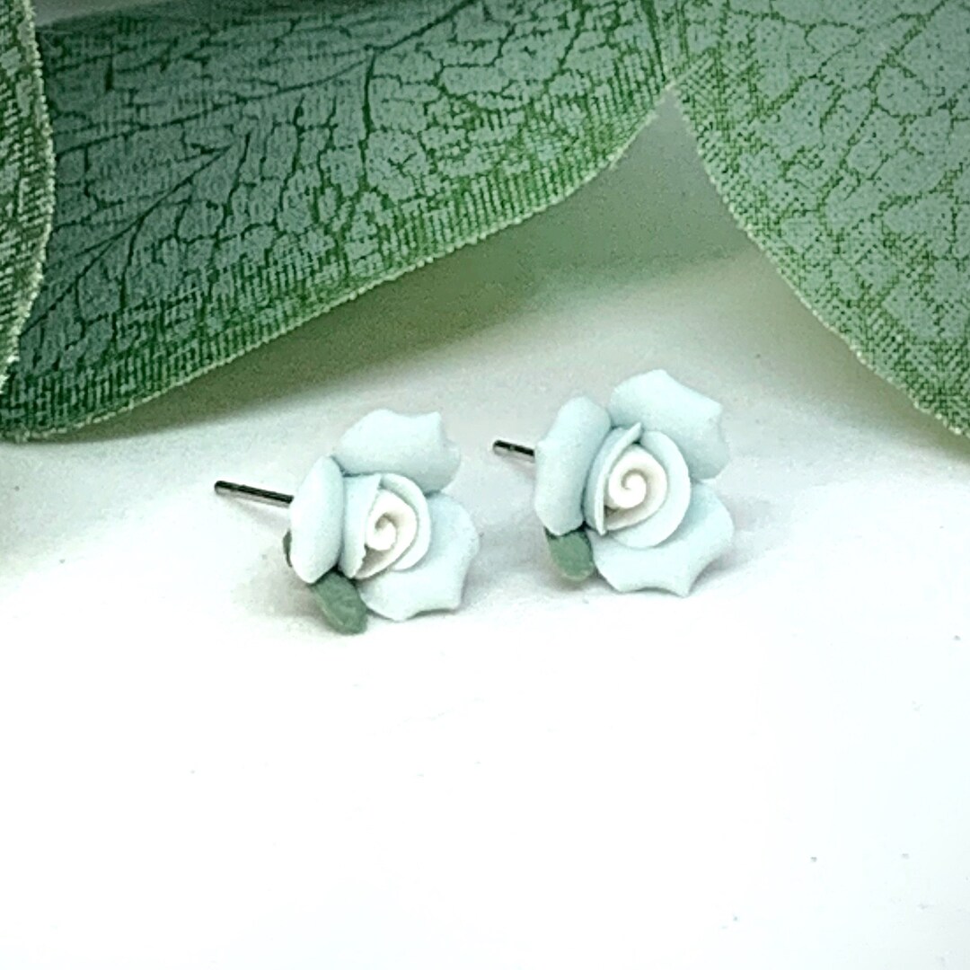 Light Blue Rose Earrings, Minimalist Flower Studs, Ceramic Flower ...