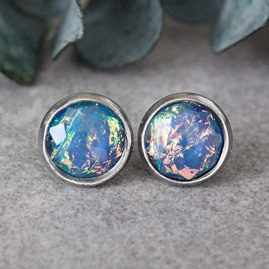Blue Earrings, Blue Stud Earrings, Blue Opal Earrings, Blue Post ...