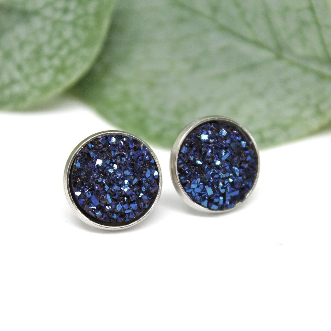 Navy Blue Stud Earrings, Dark Blue Earrings, Blue Druzy Earrings, Blue ...