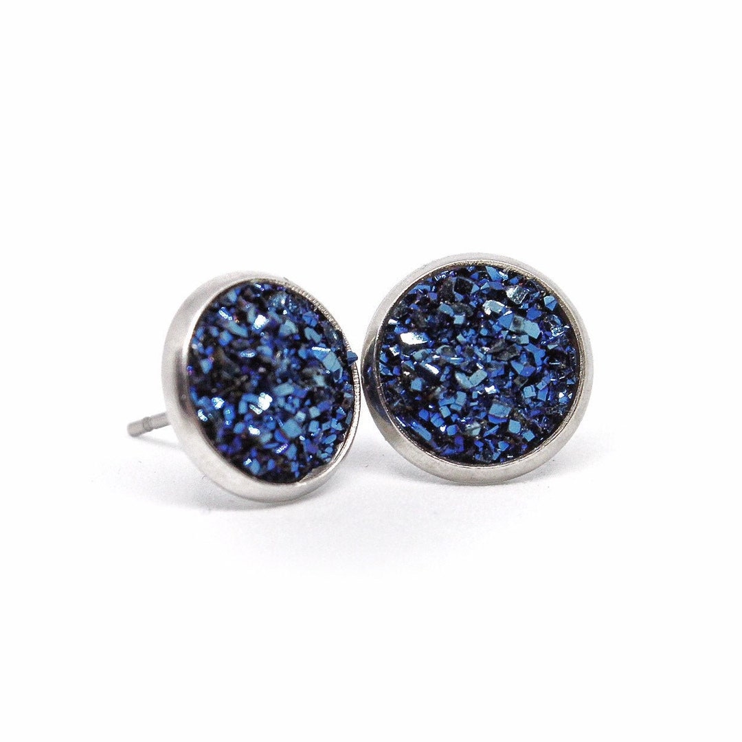 Navy Blue Stud Earrings, Blue Druzy Earrings, Navy Blue Earrings, Dark ...