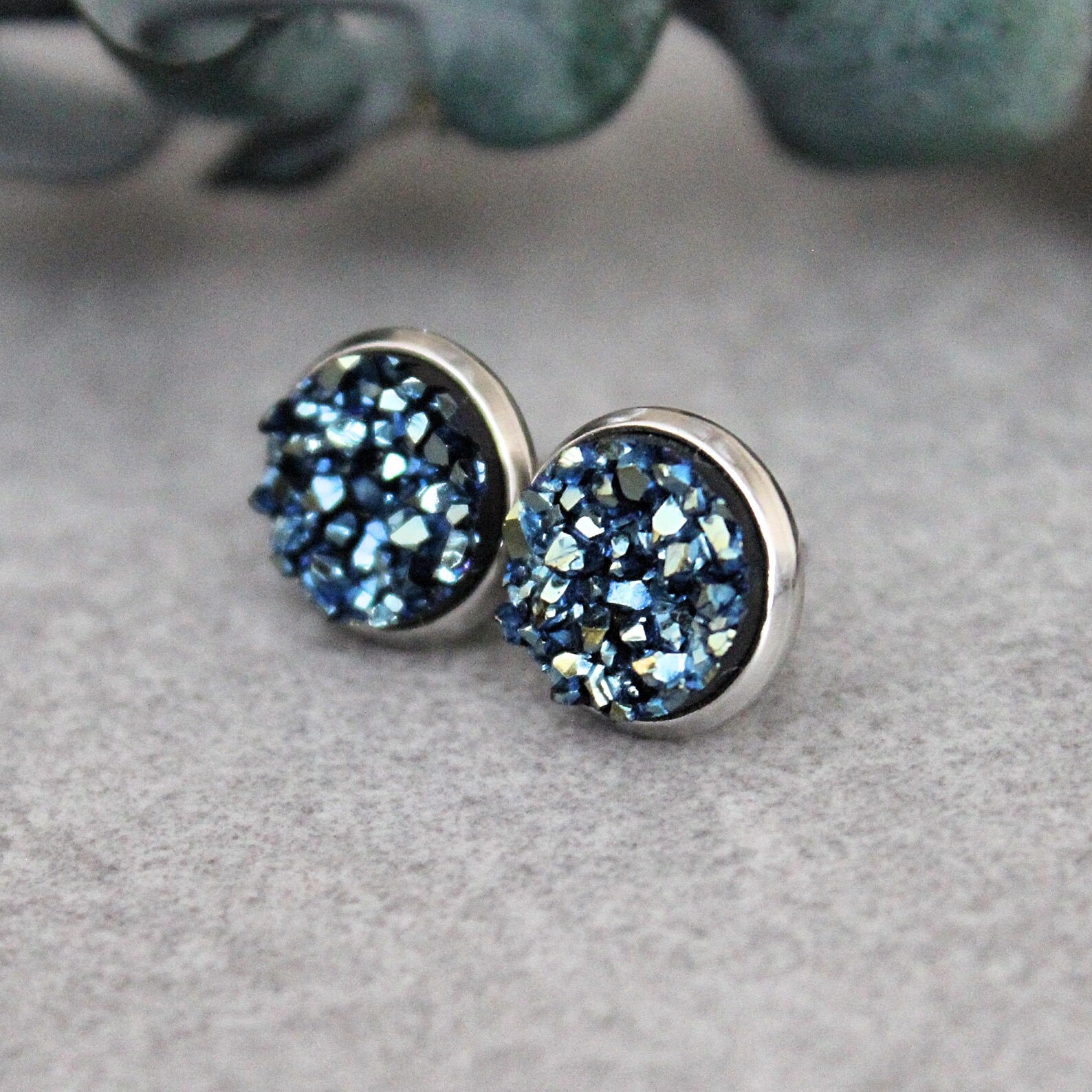 Navy Blue Earrings Navy Blue Druzy Earrings Dark Blue Stud | Etsy