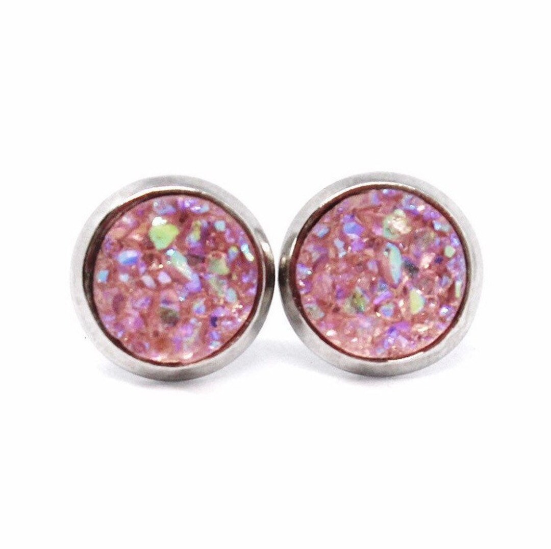 Light Pink Stud Earrings, Pink Druzy Earrings, Pale Pink Earrings, Pink ...