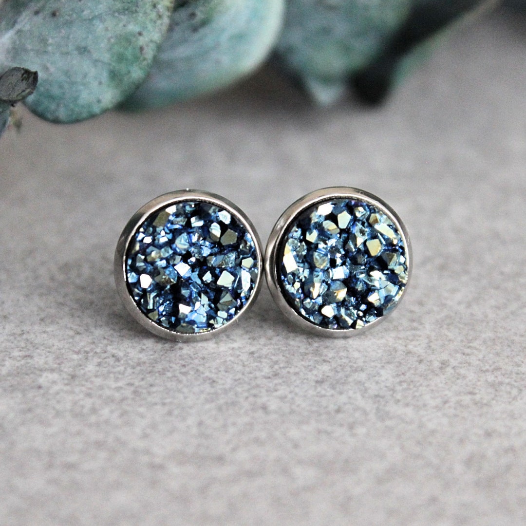 Navy Blue Earrings, Navy Blue Druzy Earrings, Dark Blue Stud Earrings ...