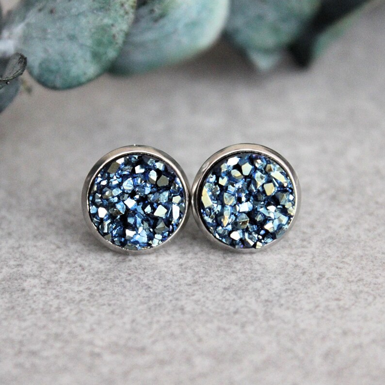 Navy Blue Earrings Navy Blue Druzy Earrings Dark Blue Stud - Etsy