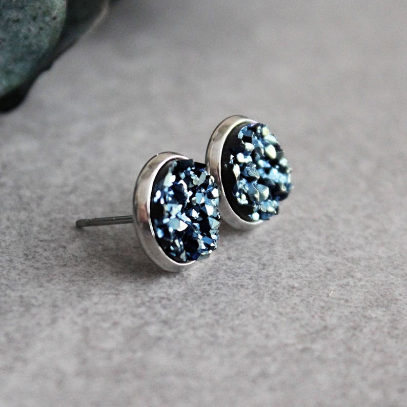 Navy Blue Earrings Navy Blue Druzy Earrings Dark Blue Stud - Etsy