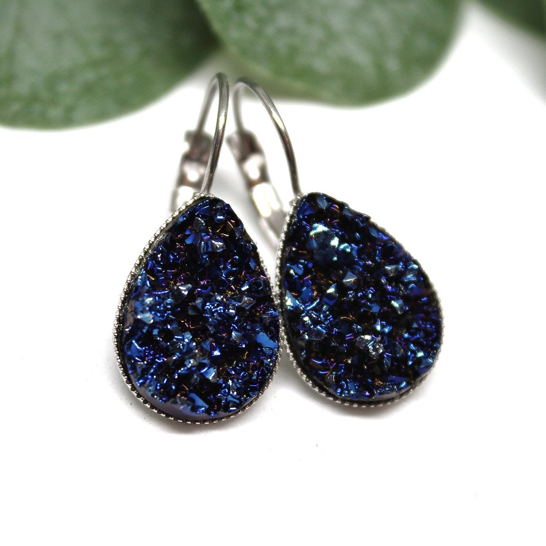 Navy Blue Drop Earrings, Dark Blue Druzy Earrings, Lightweight Drop ...