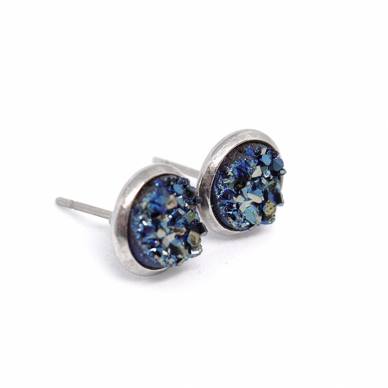 Dark Blue Stud Earrings Dark Blue Druzy Earrings Navy Blue - Etsy