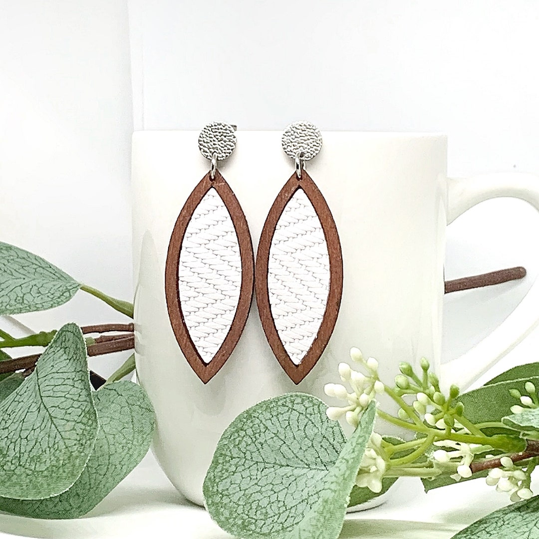 White Leather and Wood Earring, Wood Dangle Earring, Boho Earring ...