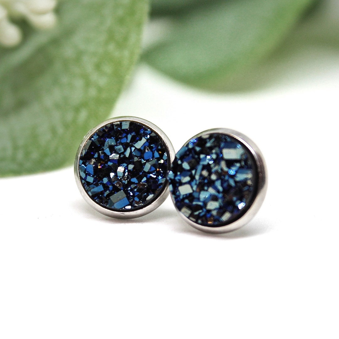 Navy Blue Stud Earrings, Dark Blue Earrings, Navy Blue Druzy Earrings ...