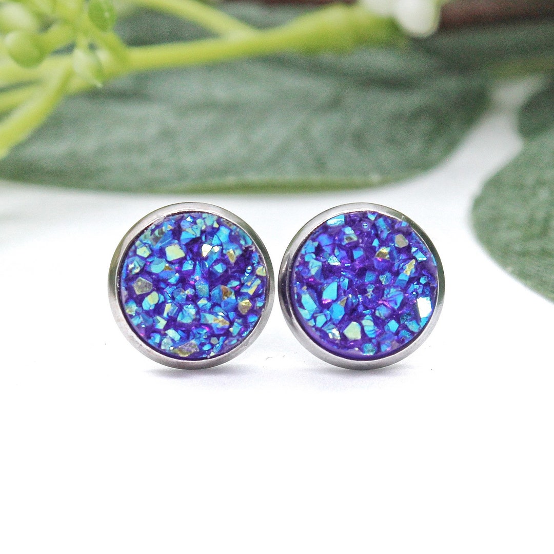 Purple Stud Earrings Ultra Violet Earrings Purple Druzy - Etsy