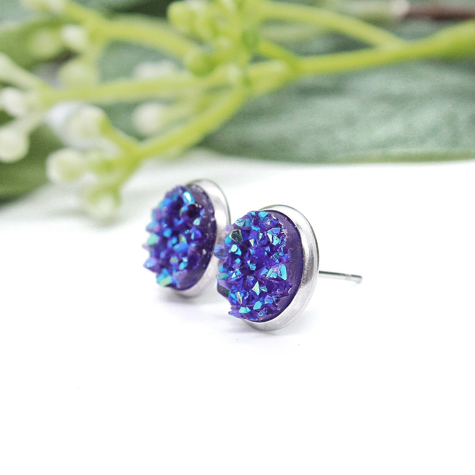 Purple Stud Earrings Ultra Violet Earrings Purple Druzy - Etsy