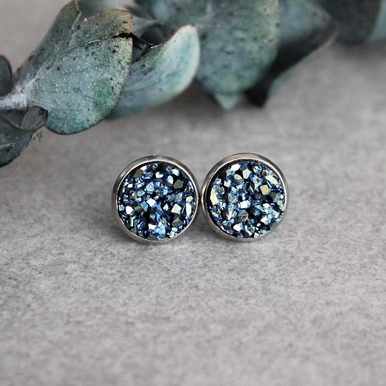 Navy Blue Earrings Navy Blue Druzy Earrings Dark Blue Stud - Etsy