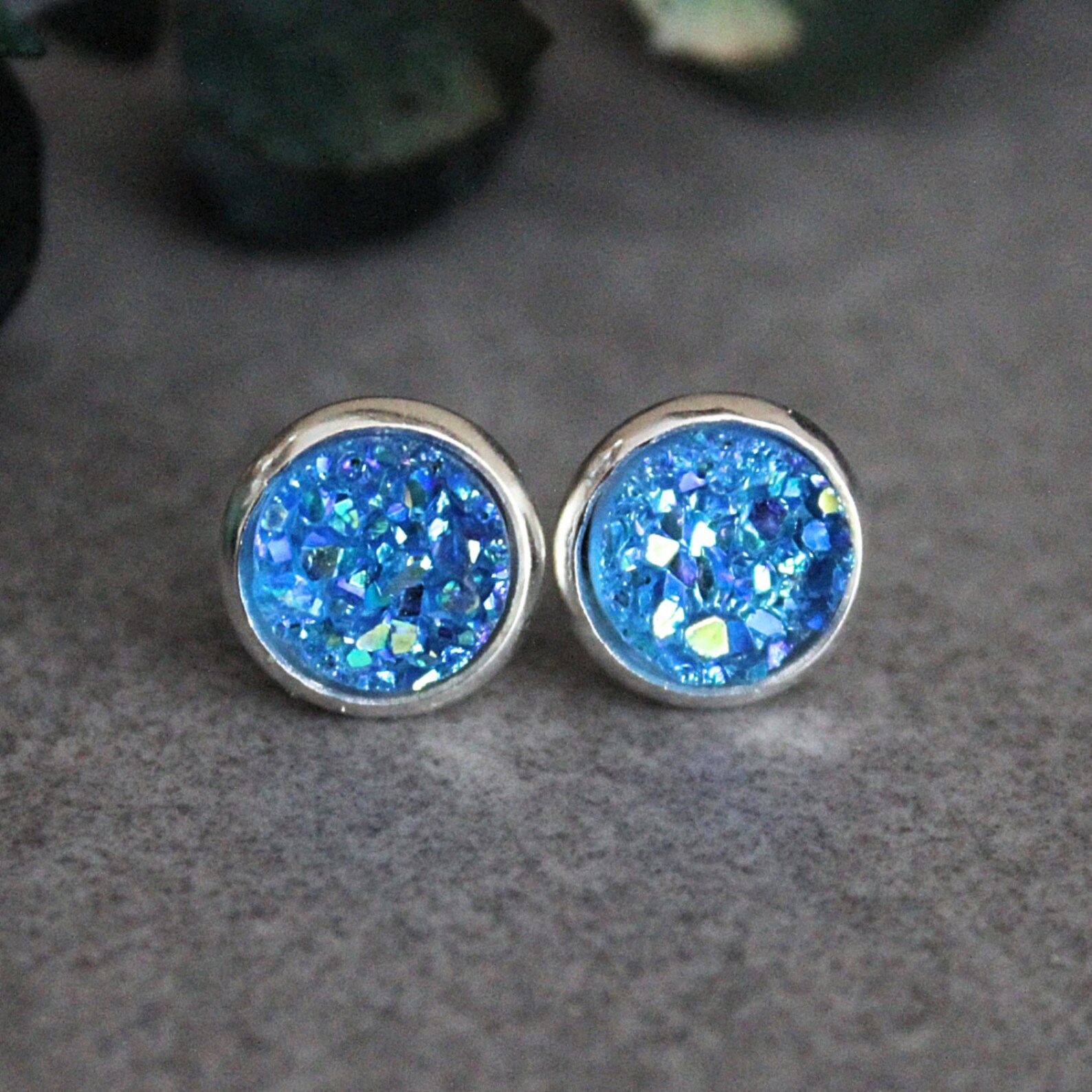 Blue Stud Earrings Blue Druzy Earrings Small Blue Earrings - Etsy